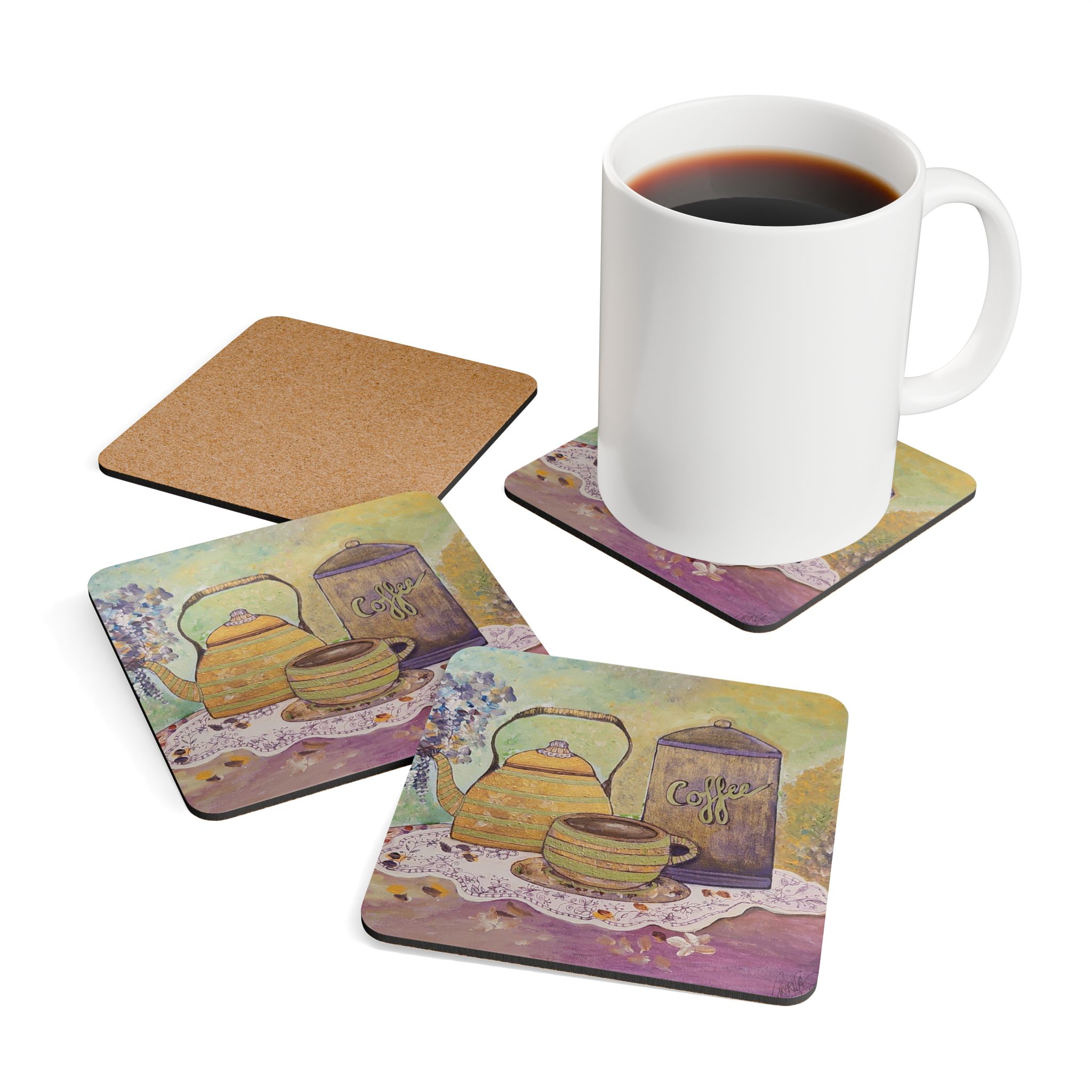 Charming Corkwood Coaster Set, Vintage Coffee Theme, Perfect for Home ...